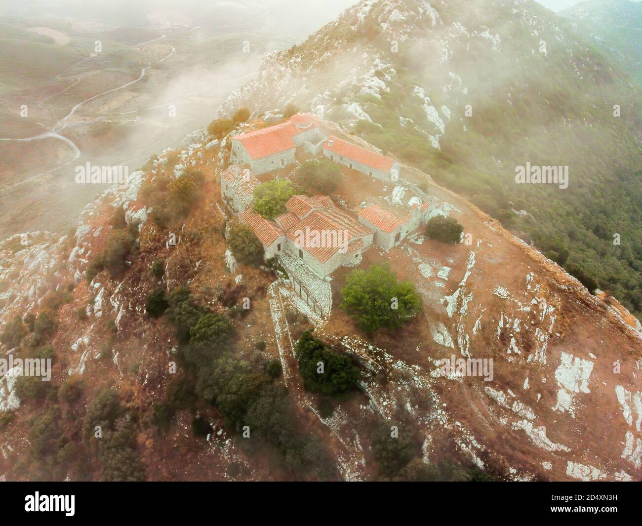 Aerial view of Voulcanos Monastery in Messinia region through rainy ...