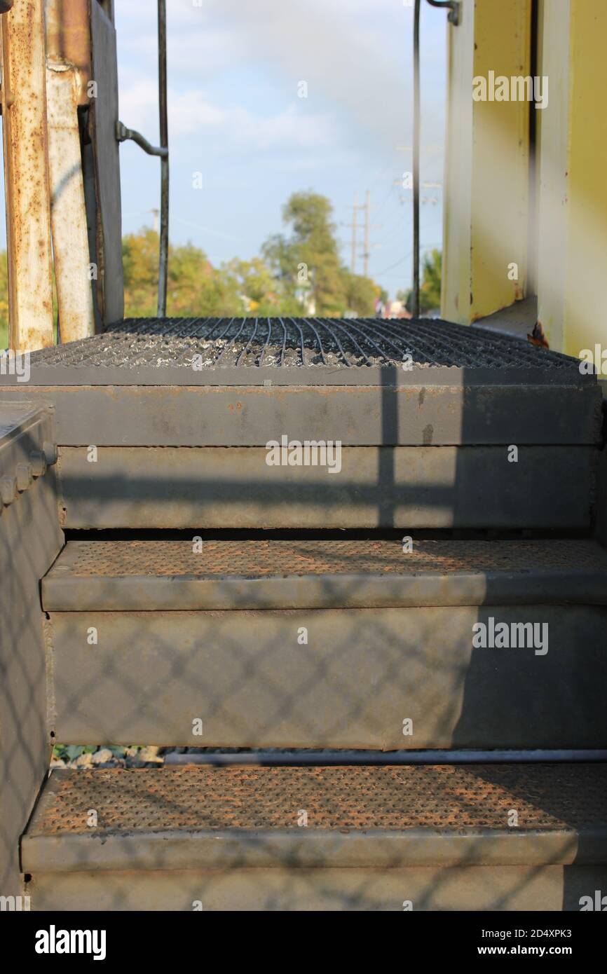 Old worn caboose #2400 train rail car steps Stock Photo - Alamy