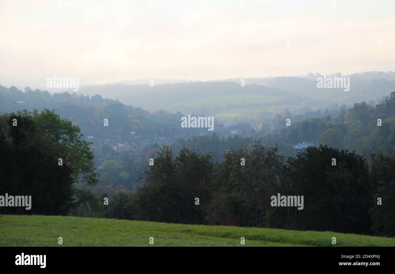 Landscape view across the valley between Riddlesdown common land and ...
