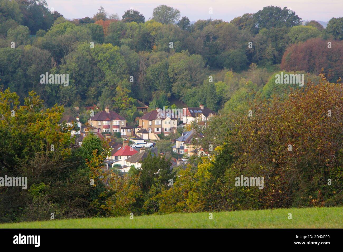 Landscape view across the valley between Riddlesdown common land and ...