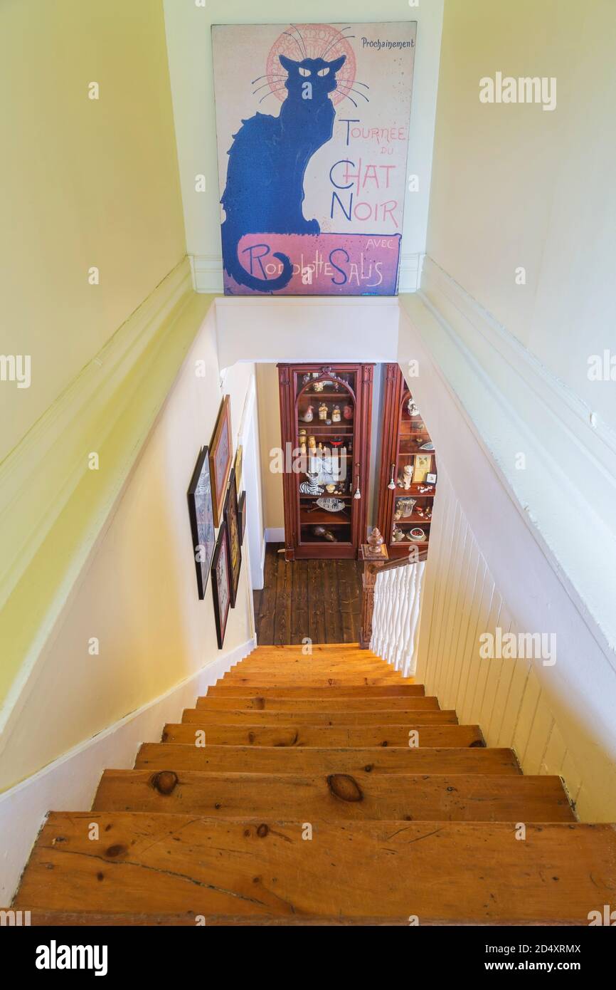 Looking down pinewood staircase inside an old circa 1830 Quebecois ...