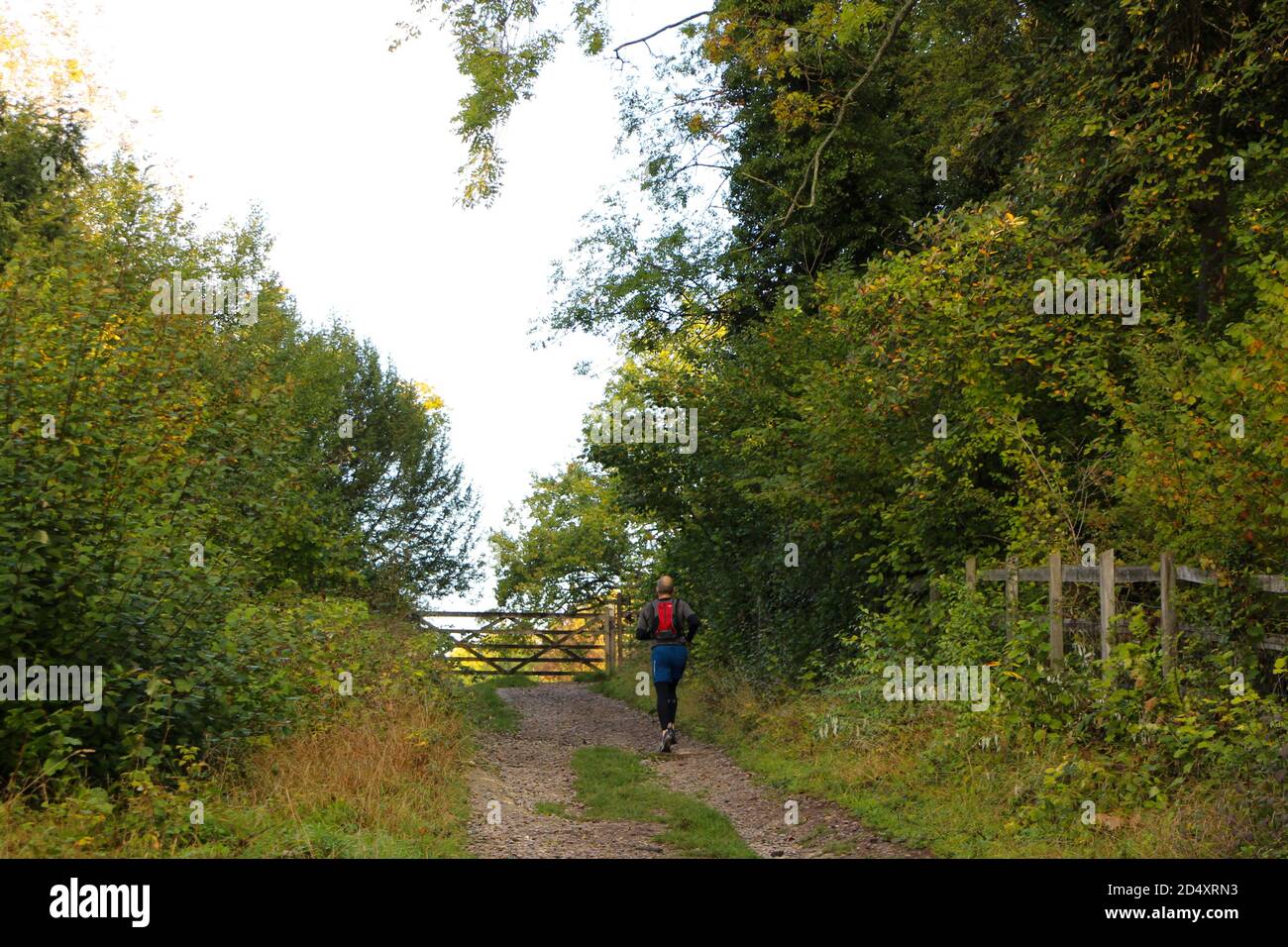 Jogger running along a gravel dirt path on a sunny early autumn morning ...