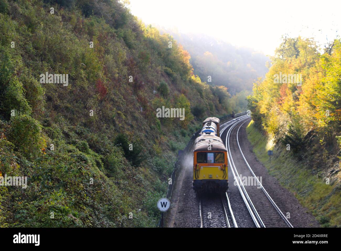 Train cleaning leaf residue from tracks in early autumn in a cutting ...