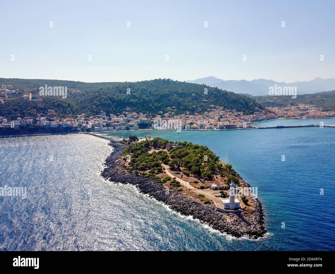 Aerial view of Cranae or Marathonisi island with Tzanetakis medieval ...