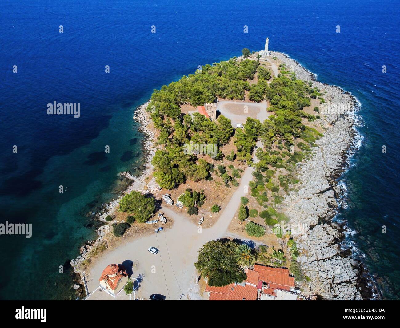 Aerial view of Cranae or Marathonisi island with Tzanetakis medieval ...