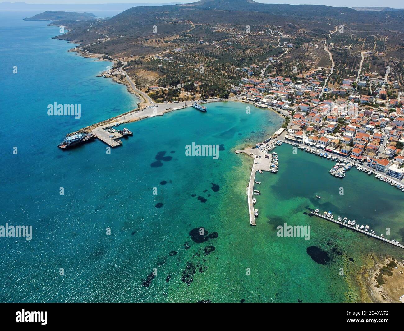 Aerial panoramic view of Elafonisos village and port over the Laconian ...