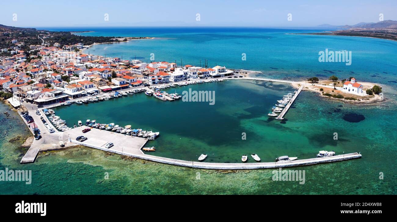 Aerial panoramic view of Elafonisos village and port over the Laconian ...