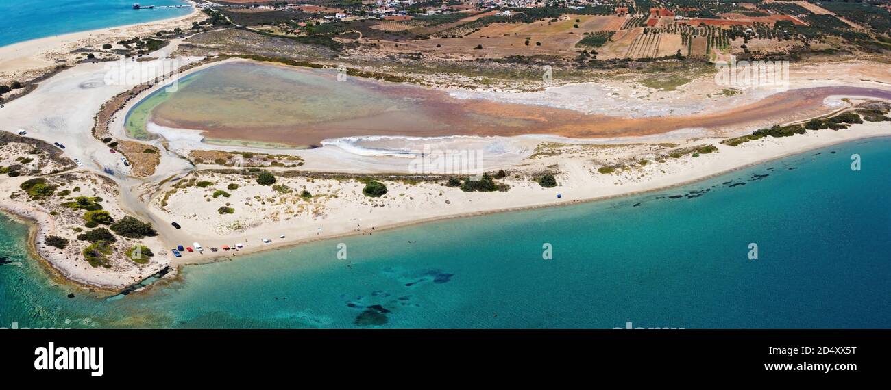 Aerial panoramic view of Pounda beach near Elafonisos island in Greece ...