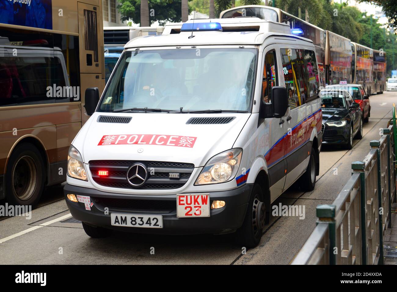 Hong Kong police vehicle on duty on Nathan Road in Kowloon, Hong Kong ...