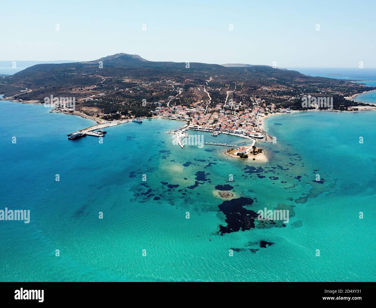 Aerial panoramic view of Elafonisos village and port over the Laconian ...