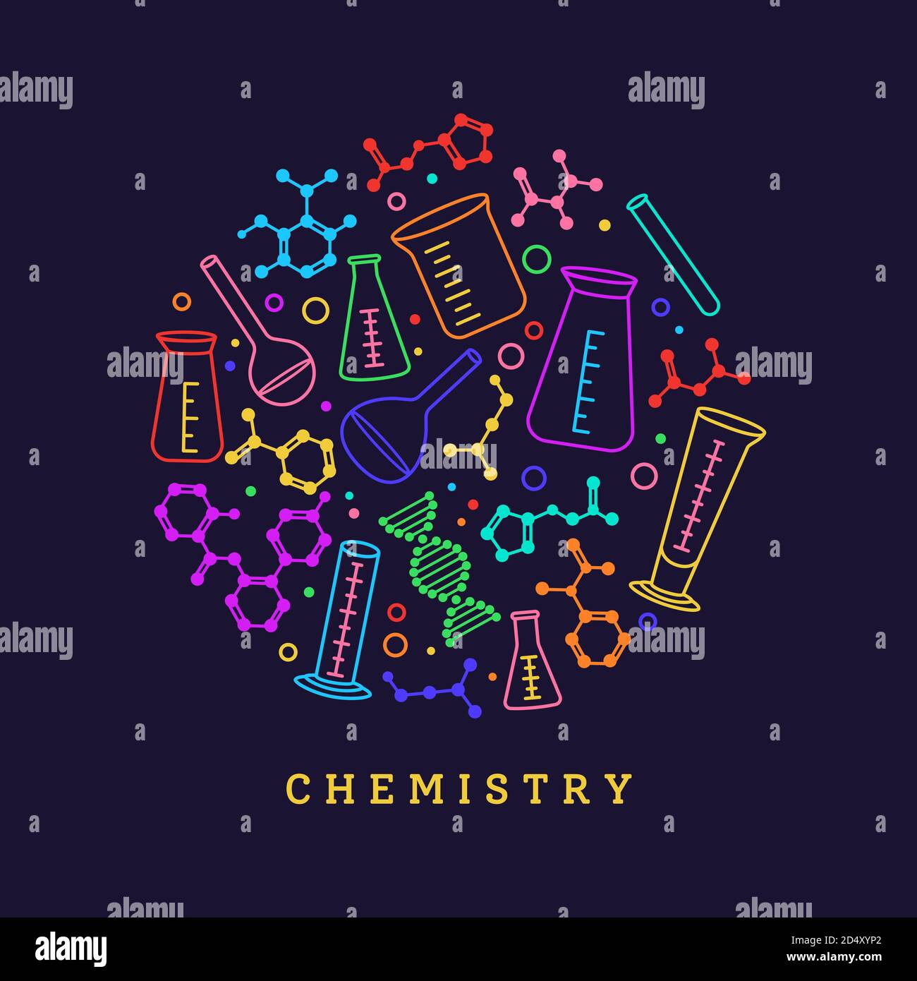 Flask, beaker and structure chemical atom. Laboratory equipment doodle ...
