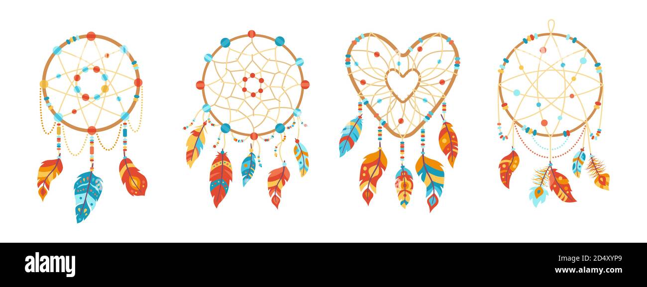 Boho dreamcatcher with feathers cartoon set. Ethnic design, boho chic ...