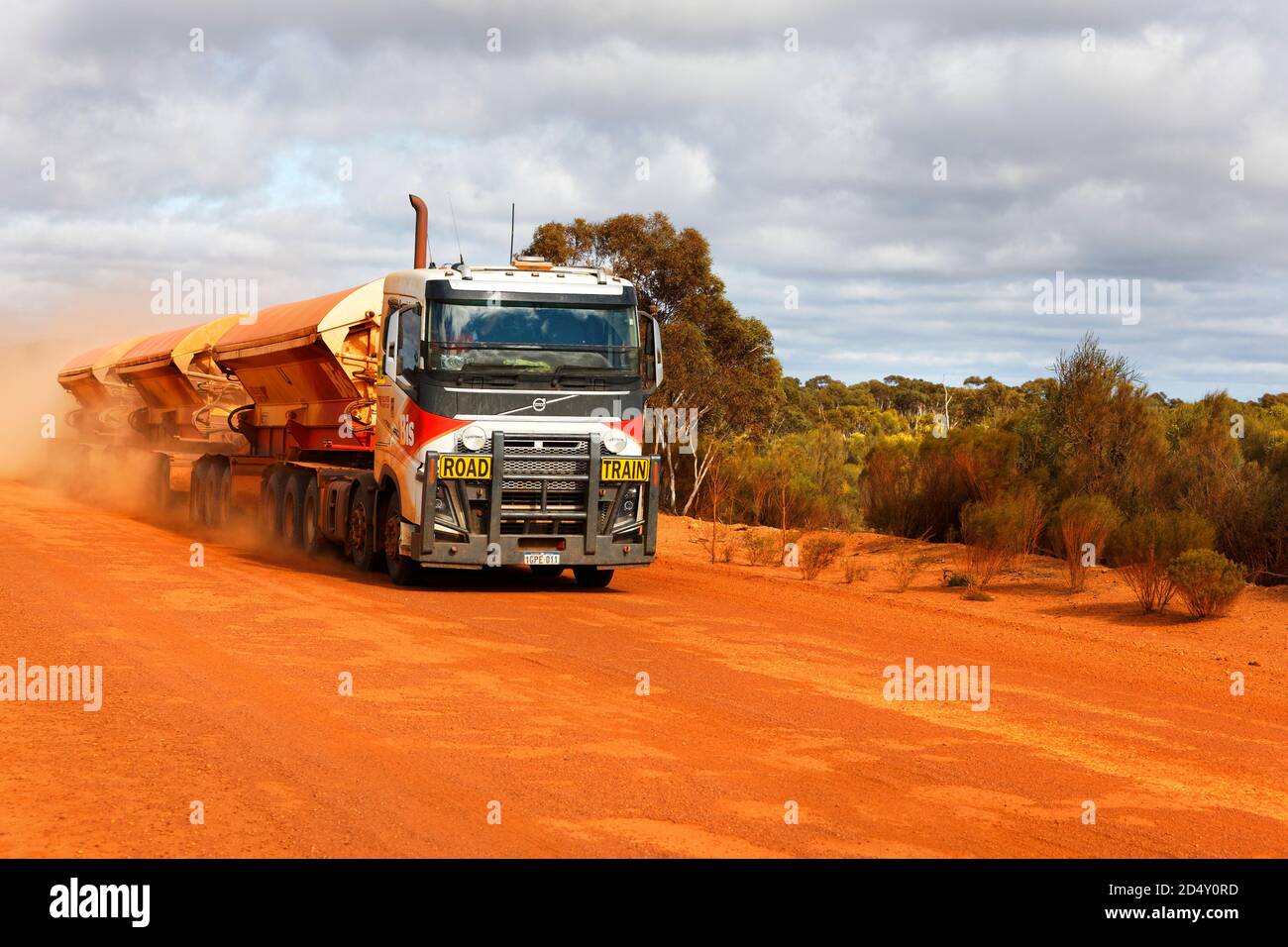 Road train truck on dusty outback road, Hyden Noresman road, Western ...