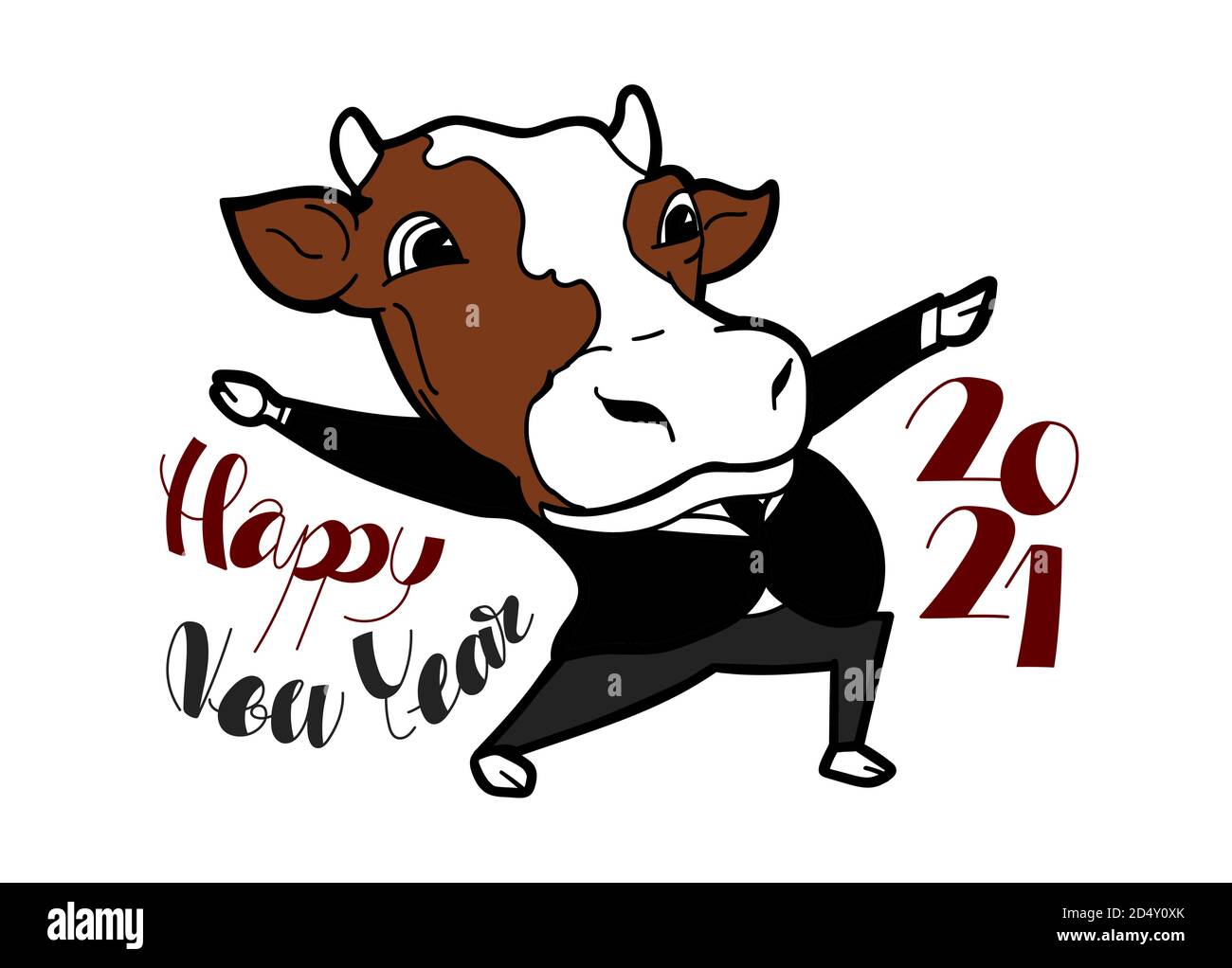 Cow in suit with funny gestures and Happy New Year 2021 handwritten on ...