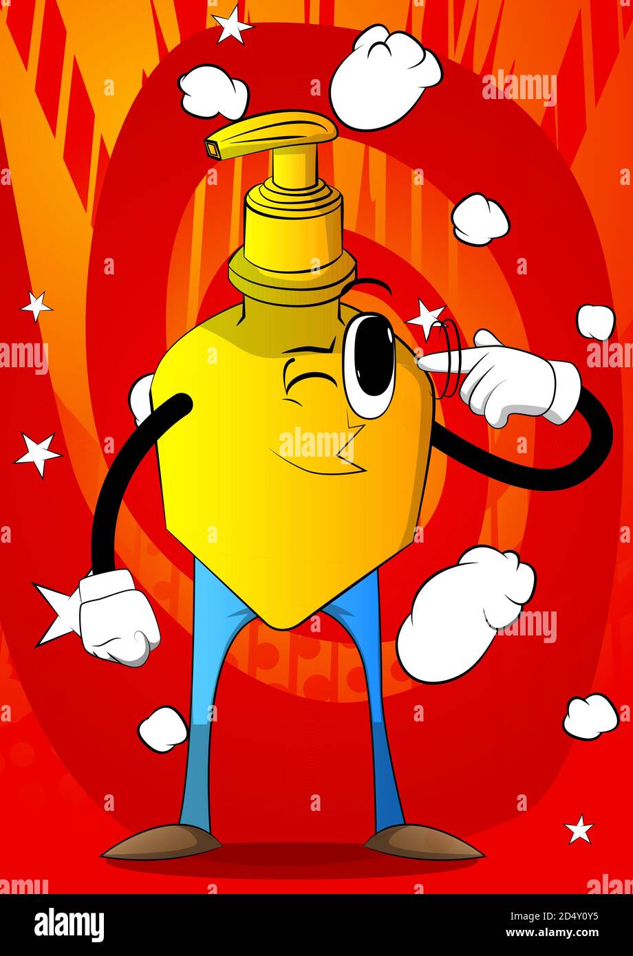 Cartoon bottle of hand sanitizer gel for hygiene with face shows a you ...