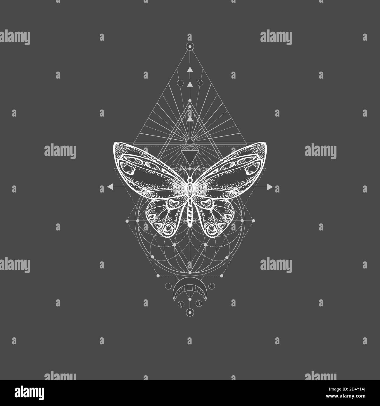 Vector illustration with hand drawn butterfly and Sacred geometric ...