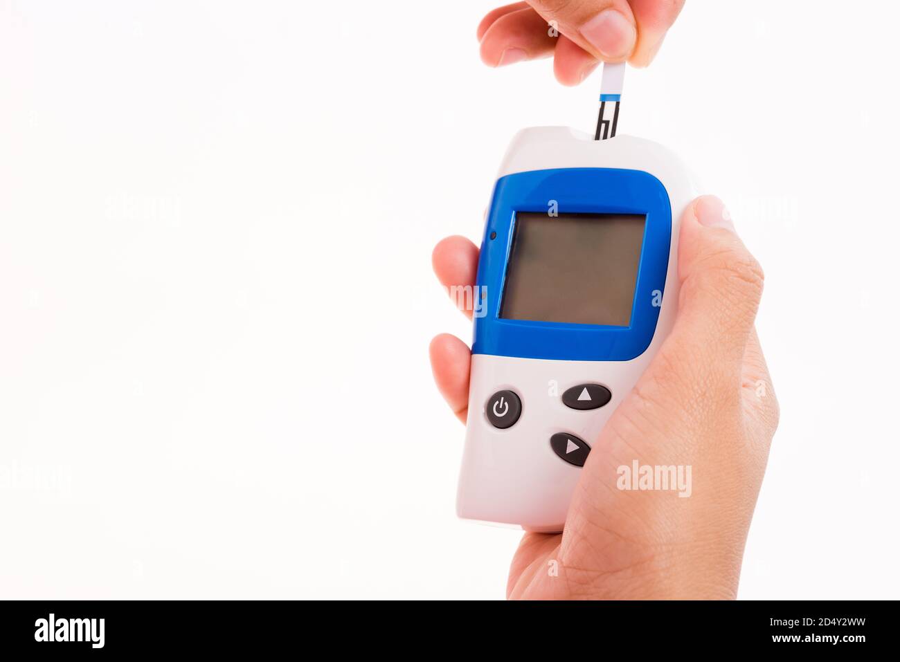 Closeup hands woman measuring glucose test level checking on a finger ...