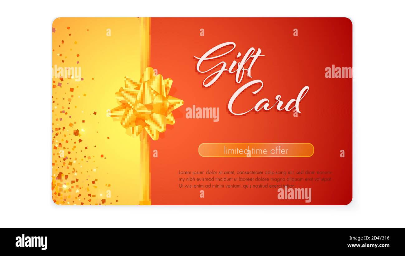 Gift card tied gold ribbon and bow. Gold and yellow color card with ...
