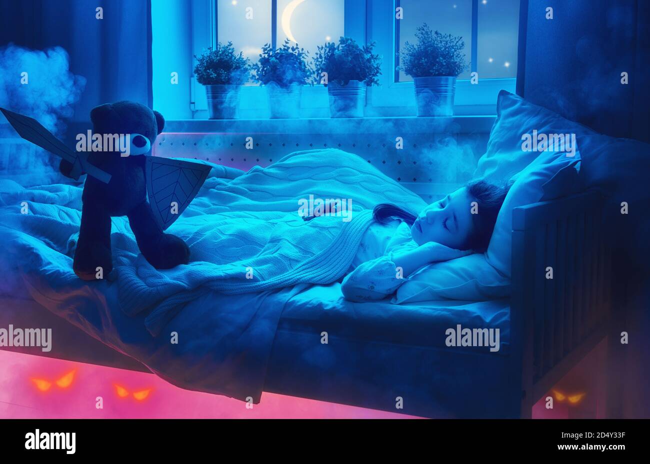 Nightmare for children. Little child girl is afraid of monsters in the ...