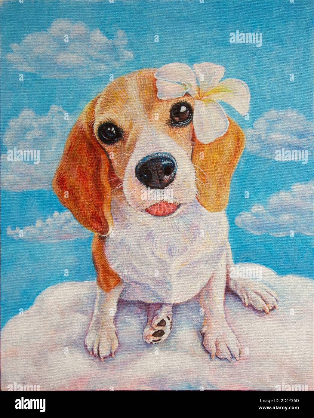 A cute Elizabeth beagle dog with flowers on his ears sitting in the ...