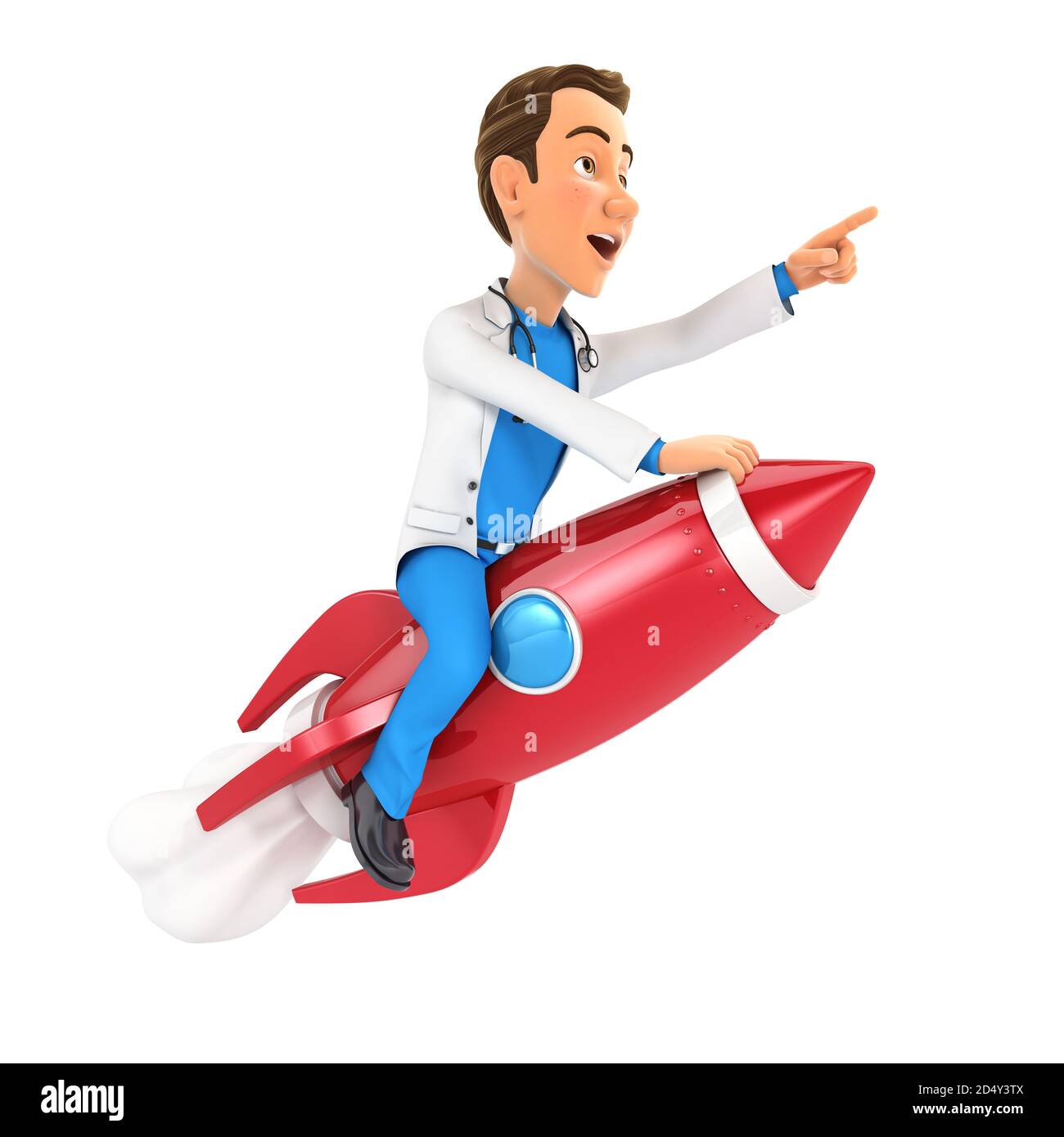 3d doctor flying on a rocket, illustration with isolated white ...