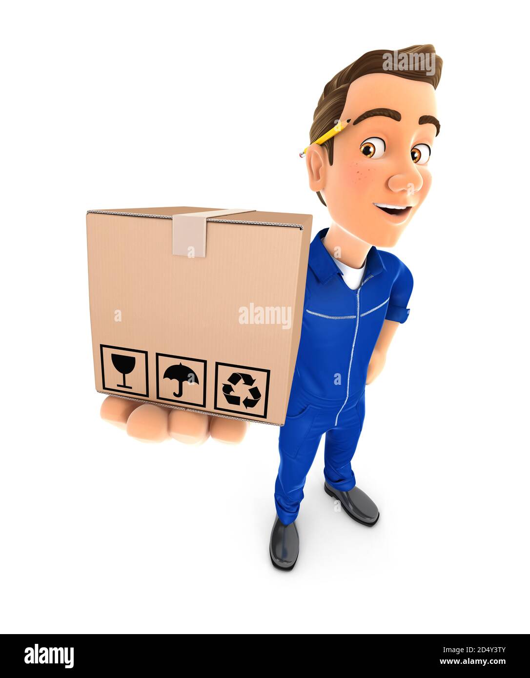 3d mechanic standing and holding package, illustration with isolated ...