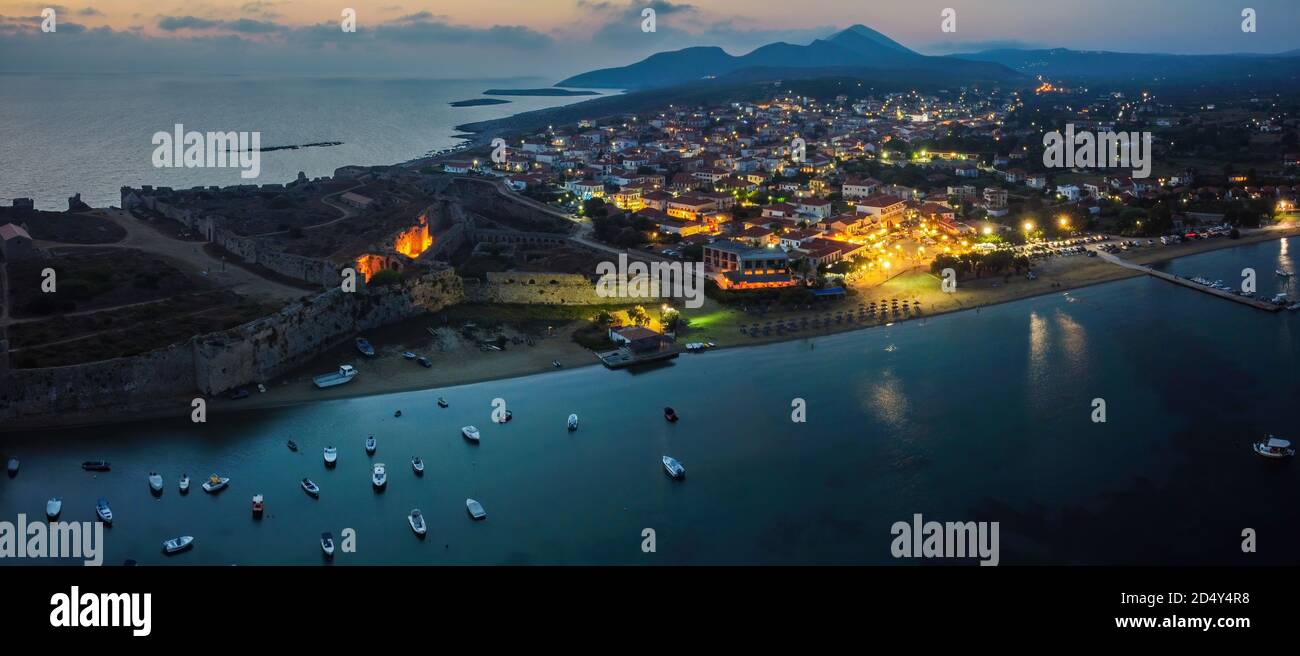 Aerial panoramic view of Methoni city at dusk in Messinia, Greece Stock ...