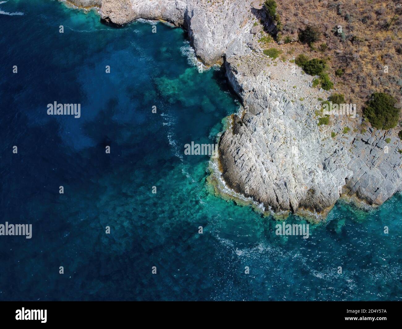 Aerial panoramic view of rocky beach near Trachila, Messinia, Greece ...