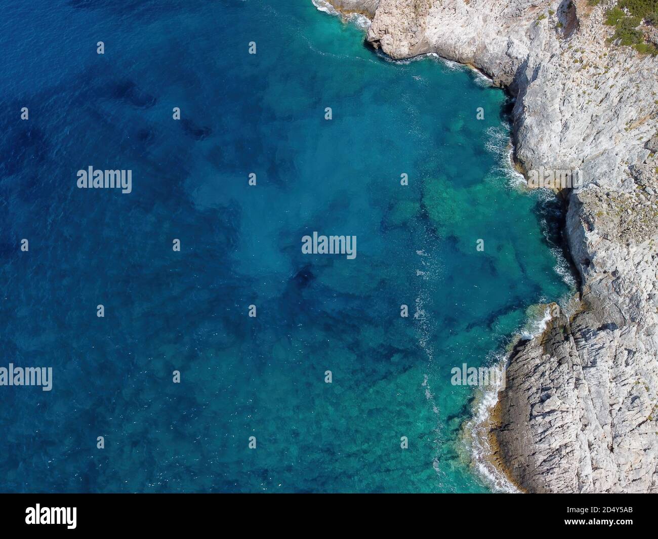 Aerial panoramic view of rocky beach near Trachila, Messinia, Greece ...