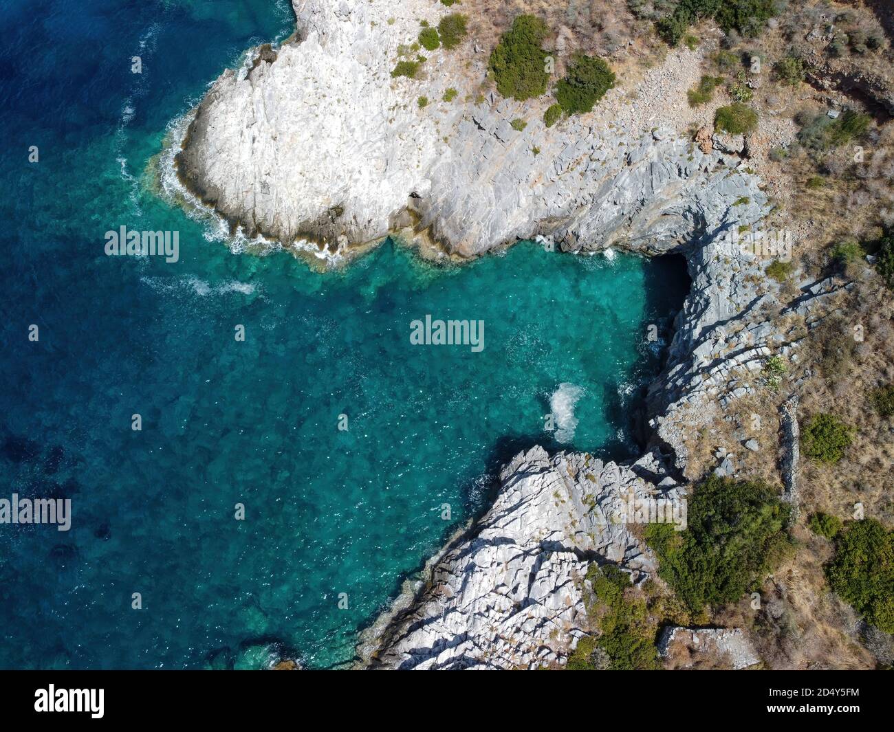 Aerial panoramic view of rocky beach near Trachila, Messinia, Greece ...