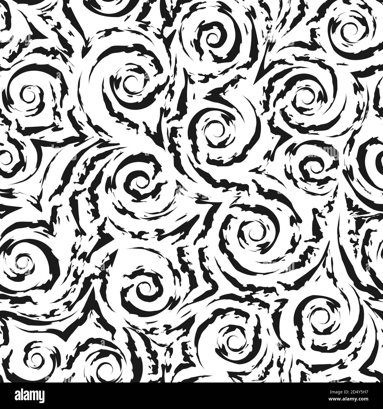 Seamless black vector pattern of smooth lines and spirals with torn edges isolated on white ...