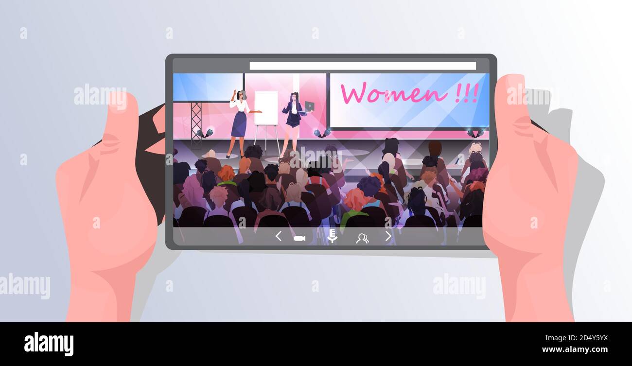 woman making presentation speaking to audience from stage women's club ...