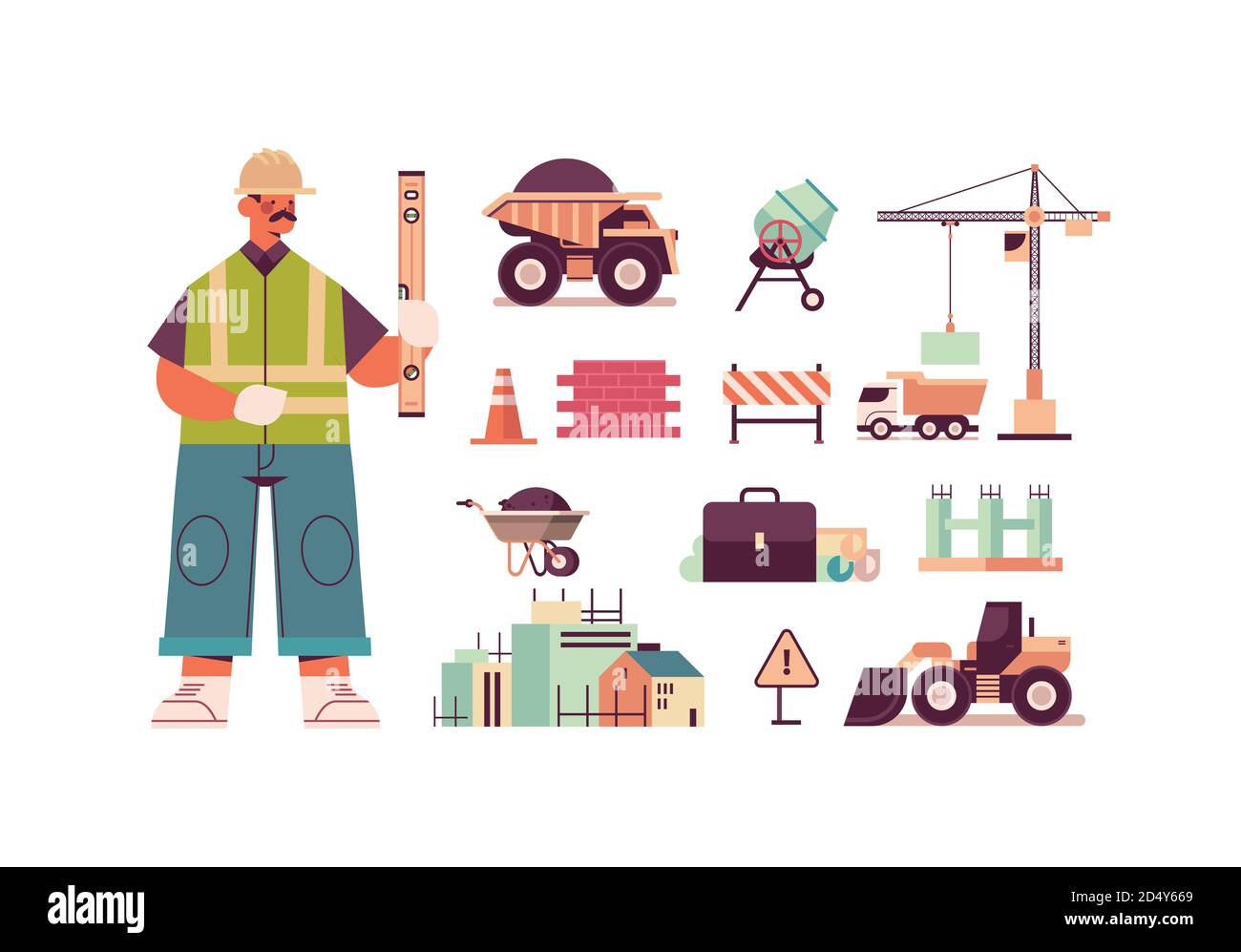 set engineering tools icons and engineer in uniform holding level ...
