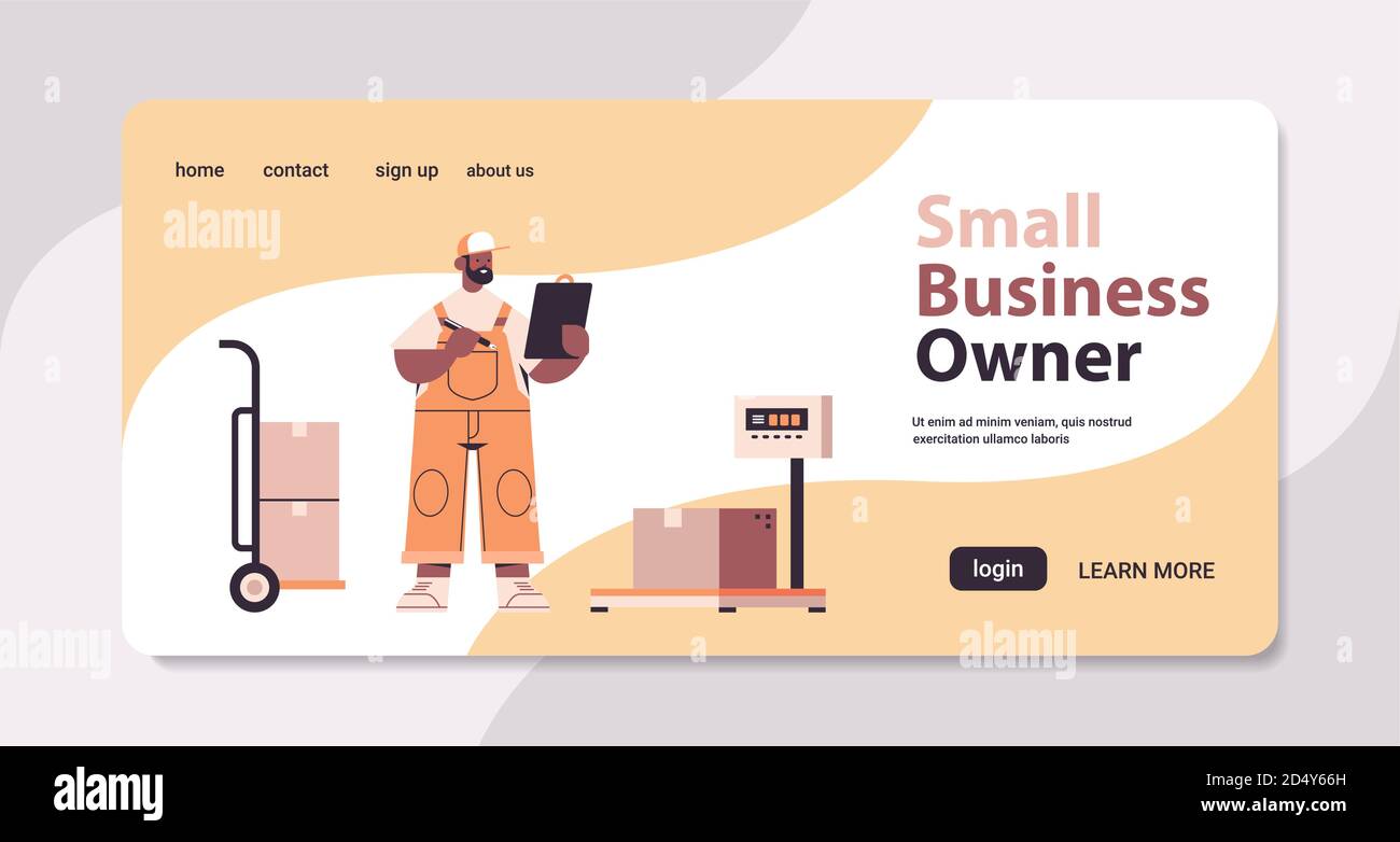 african american deliveryman in uniform checks parcels in warehouse ...