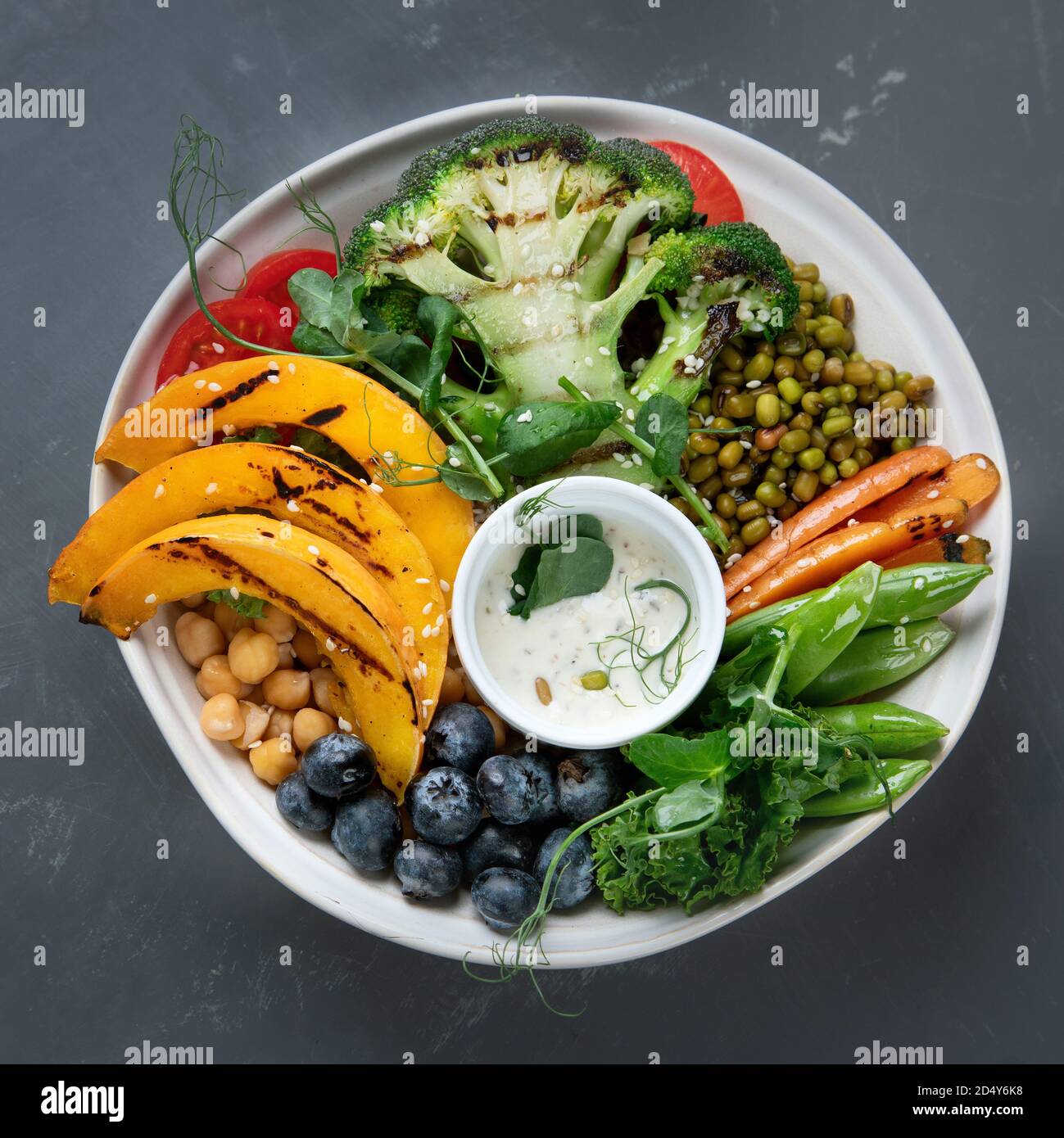 Buddha bowl of mixed grilled vegetables and legumes. Healthy eating concept. Top view Stock ...