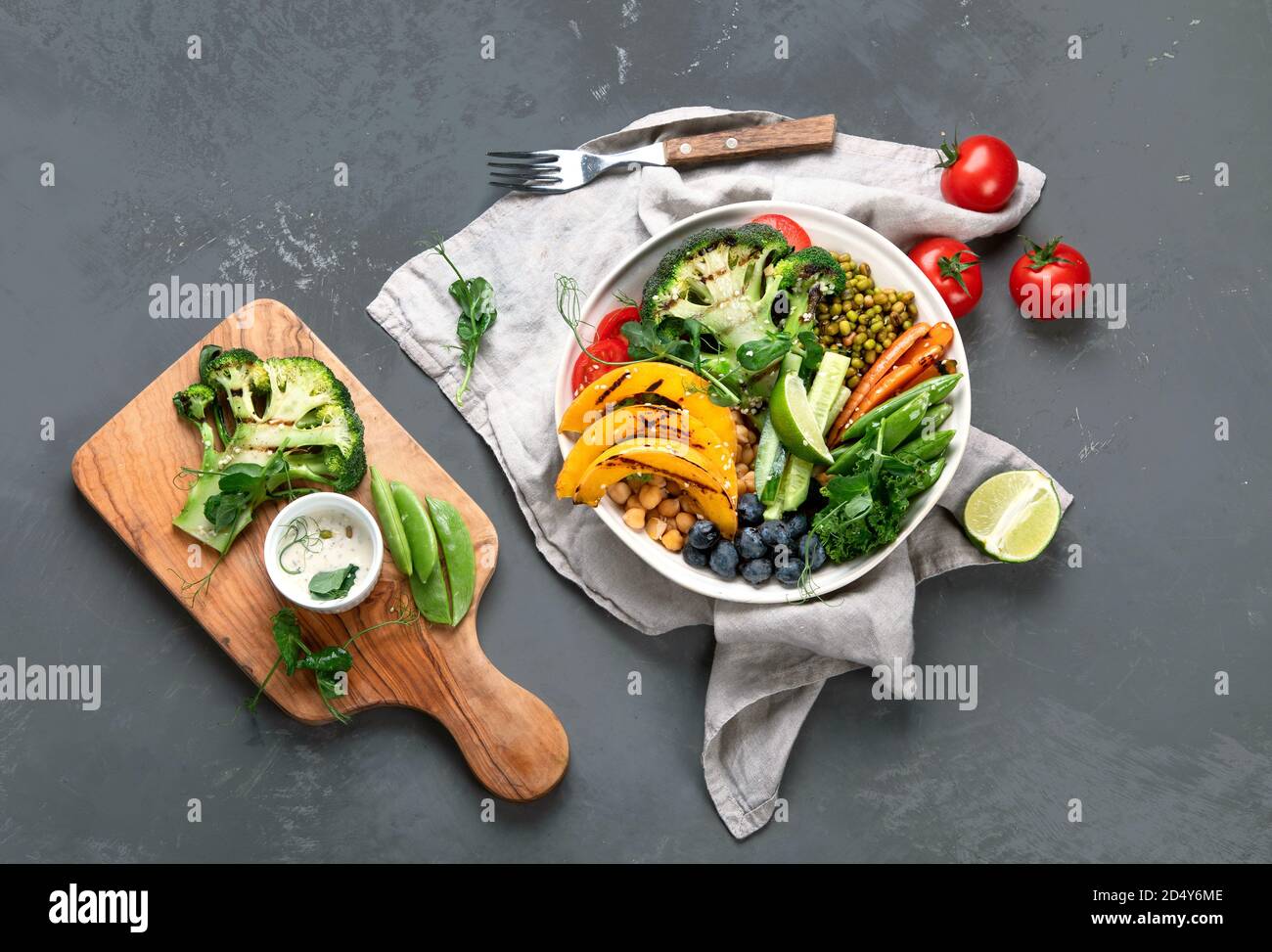 Buddha bowl of mixed grilled vegetables and legumes. Healthy eating concept. Top view, copy ...