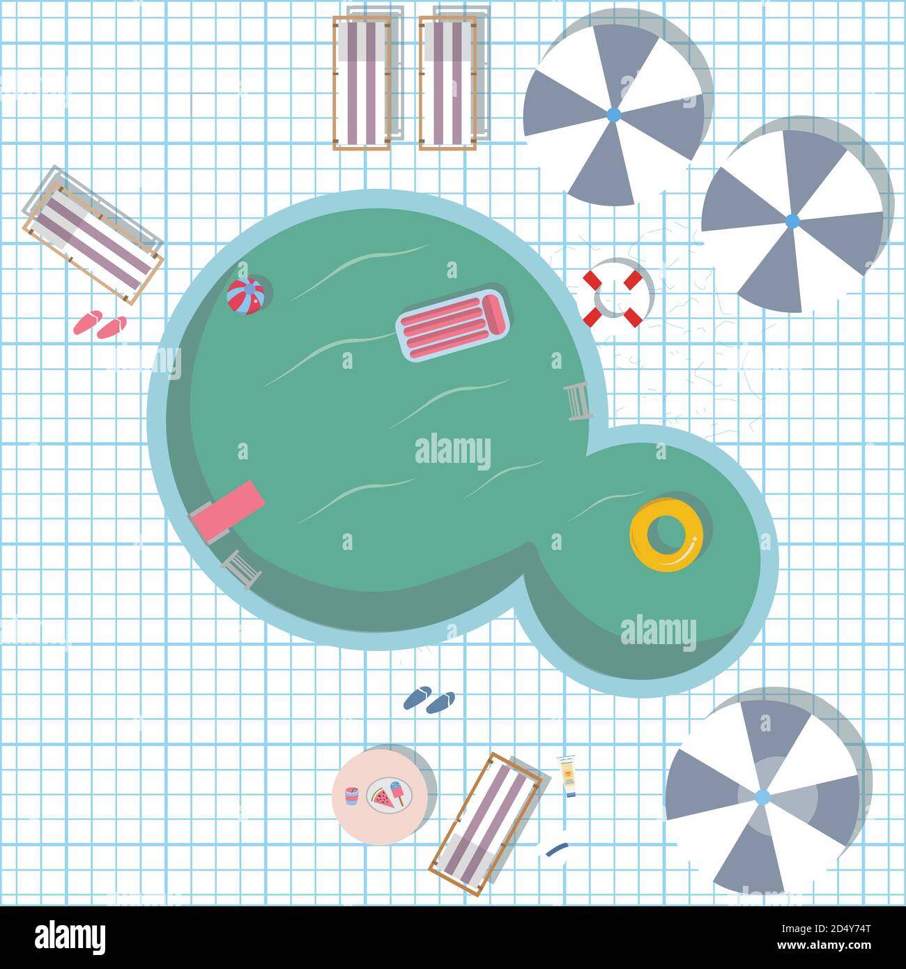 Swimming pool vector illustration with pool toys like rubber ring, pool ...