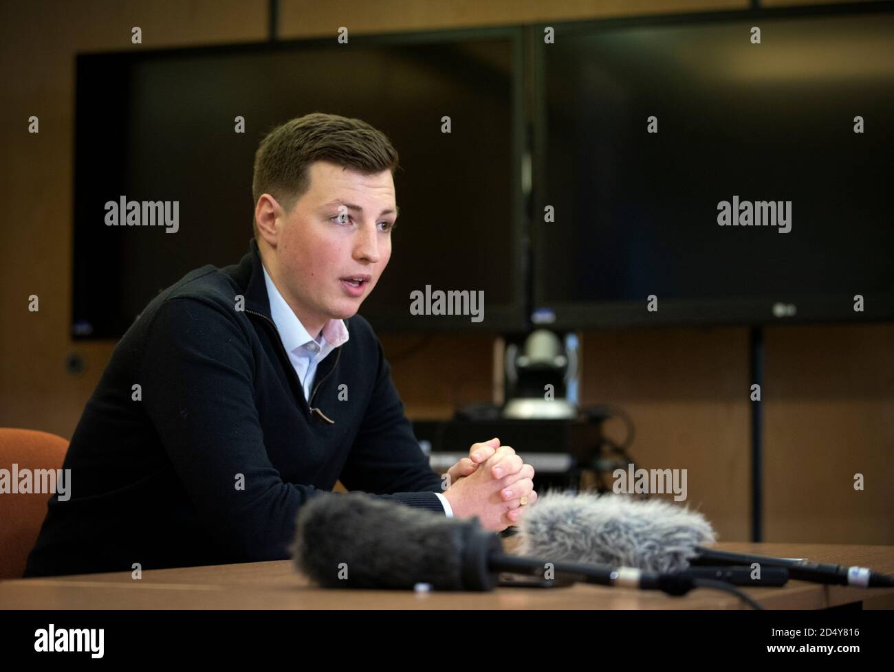 Andrew Wilson, aged 20, son of Alistair Wilson, during a press ...