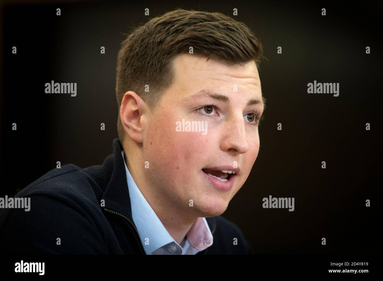 Andrew Wilson, aged 20, son of Alistair Wilson, during a press ...
