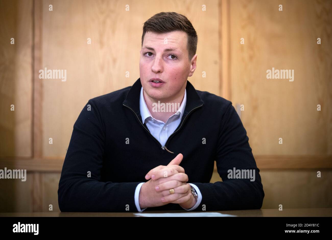 Andrew Wilson, aged 20, son of Alistair Wilson, during a press ...