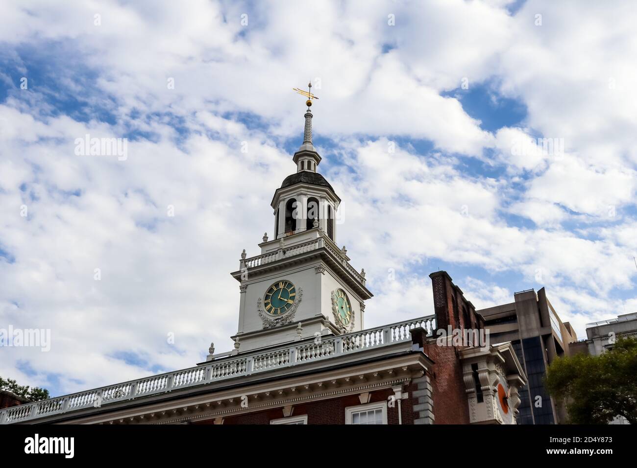 Close-up of the iconic clock tower of Independence Hall in Philadelphia ...