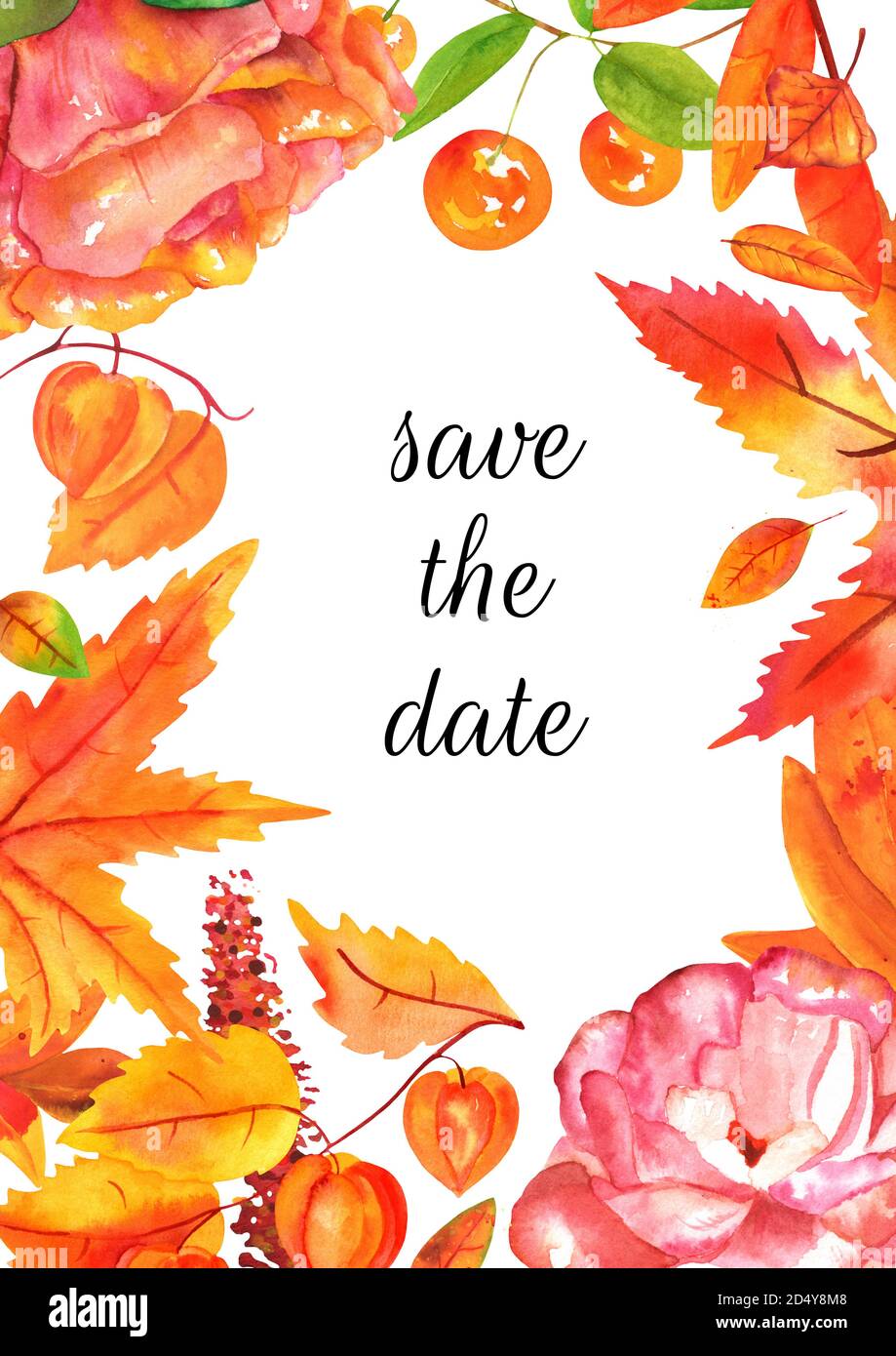 Save the Date autumn watercolor invitation with branches, leaves and ...