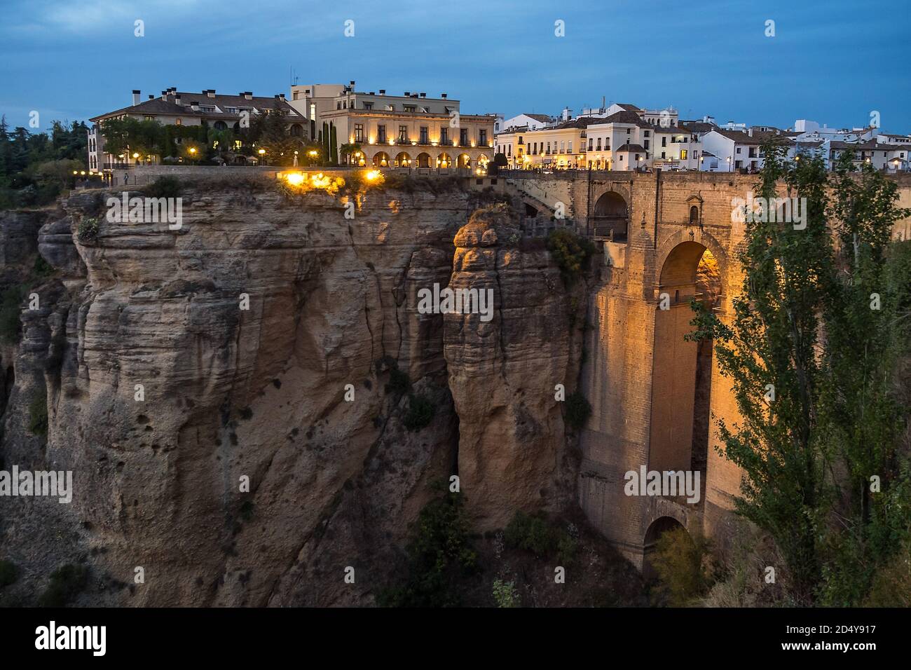 The Puente Nuevo, New bridge in Ronda, Spain spans the 120m deep chasm ...