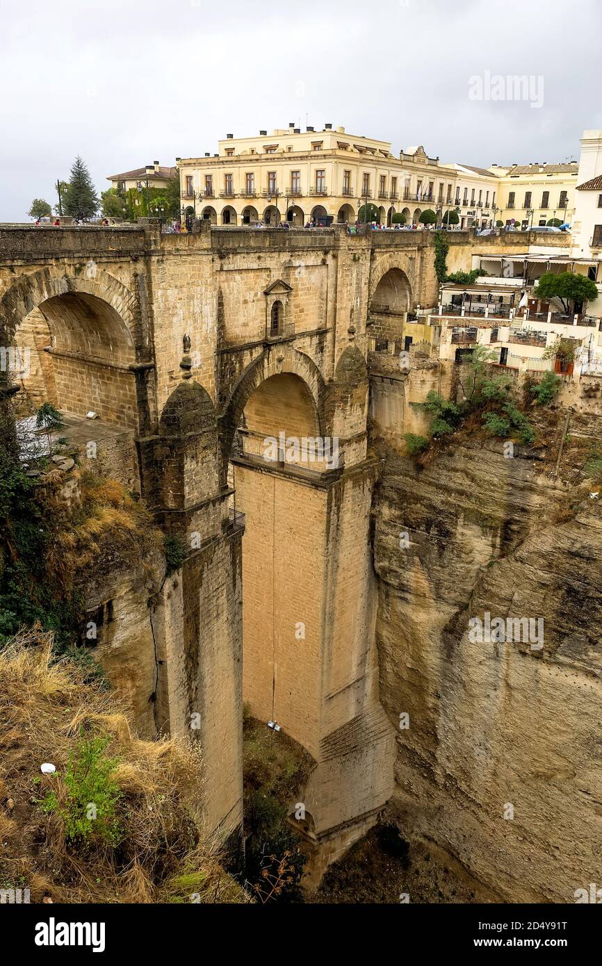 The Puente Nuevo, New bridge in Ronda, Spain spans the 120m deep chasm ...