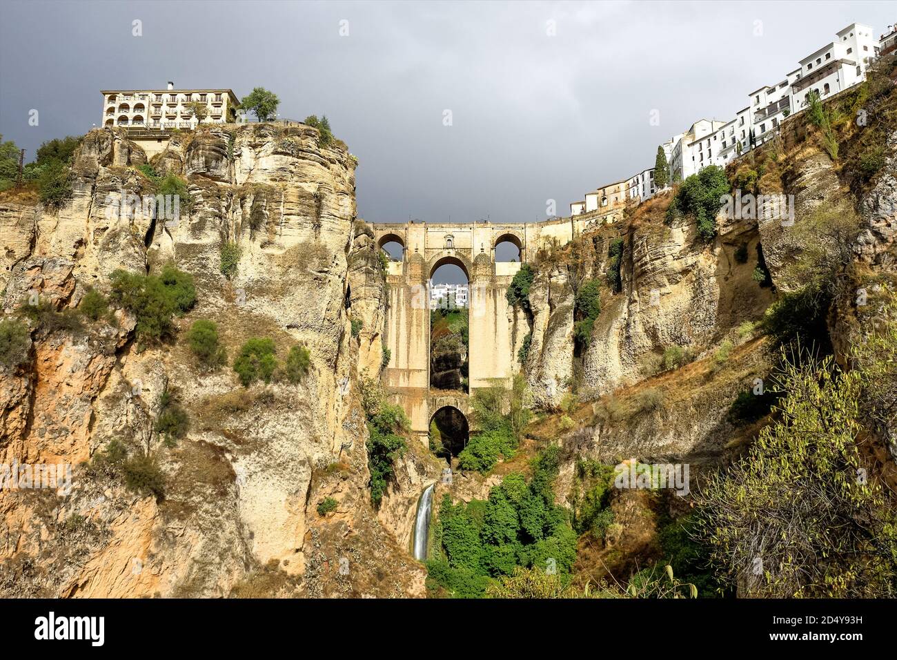 The Puente Nuevo, New bridge in Ronda, Spain spans the 120m deep chasm ...