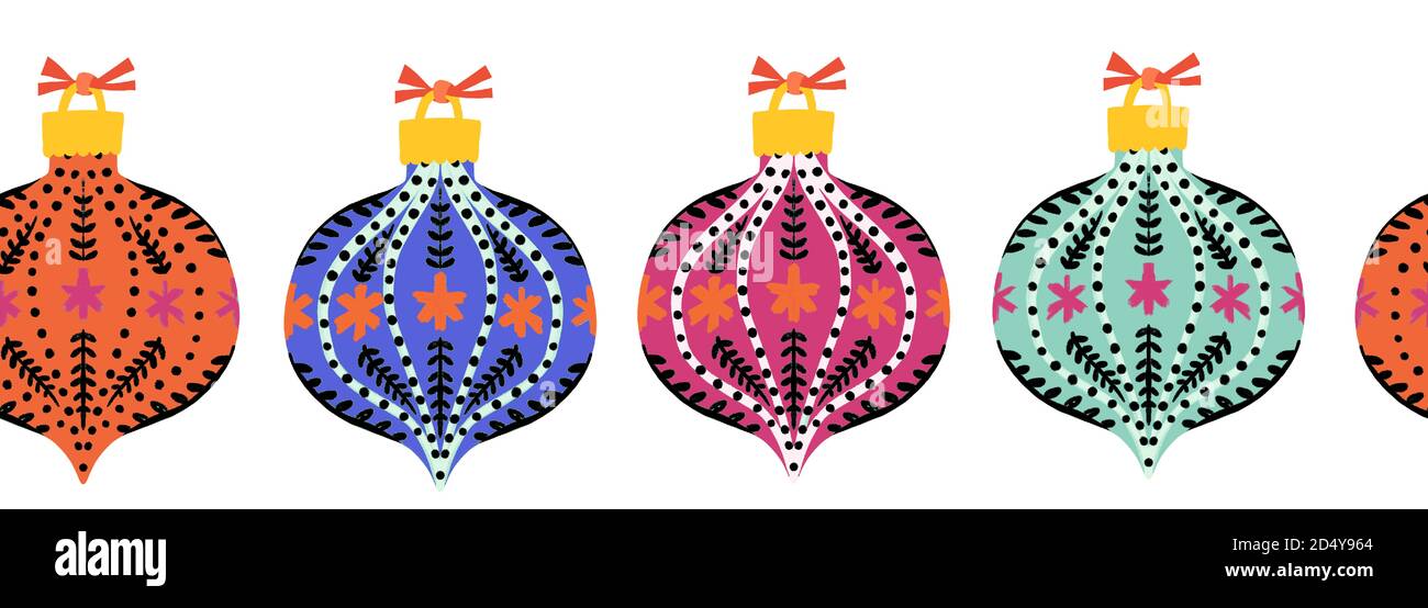 Christmas ornaments seamless border. Hand drawn Christmas baubles ...