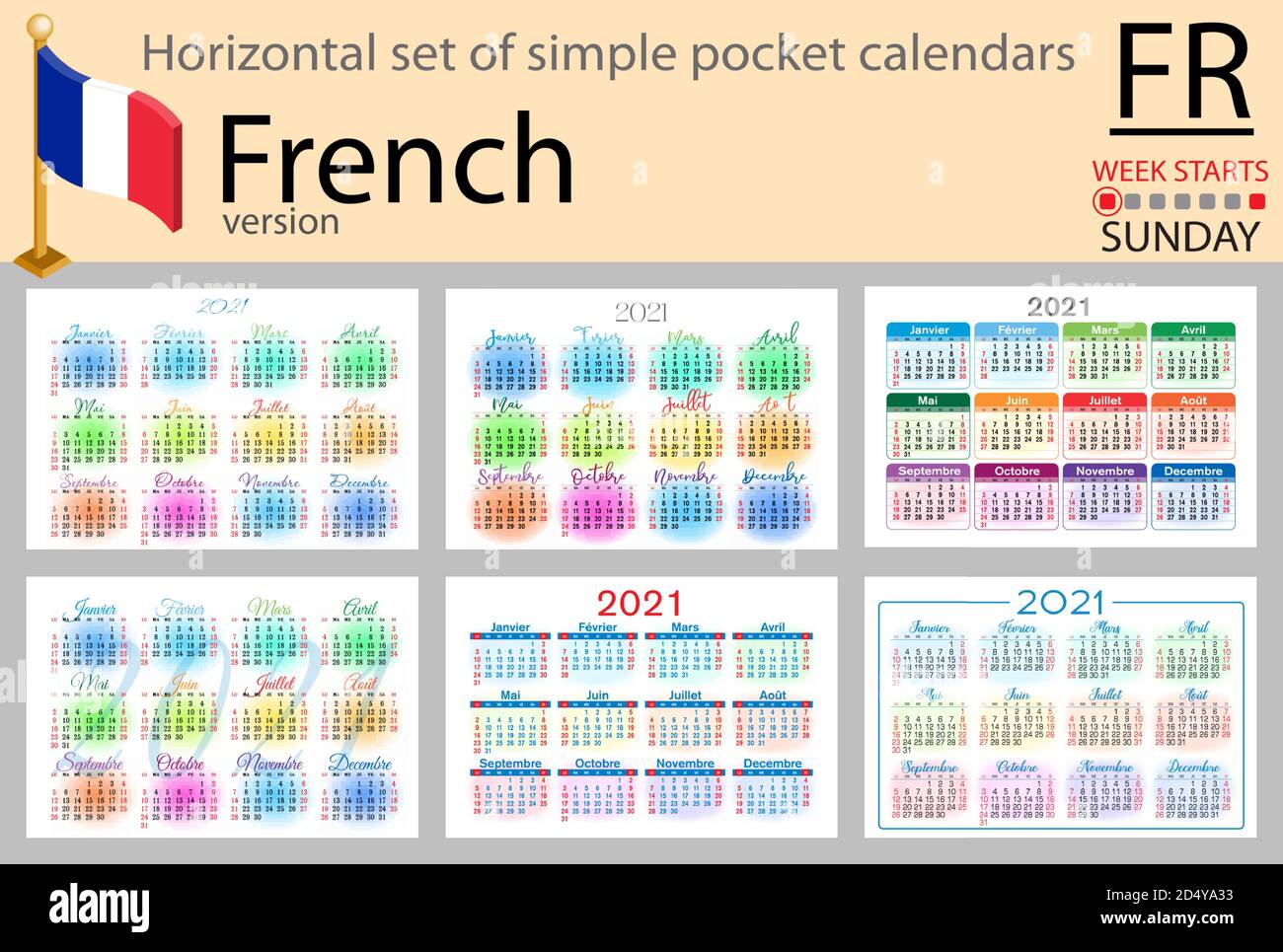 French horizontal set of pocket calendars for 2021 (two thousand twenty ...