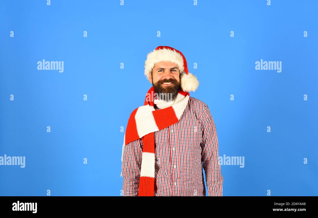 Santa with ginger beard and white smile. Christmas fashion concept. Man ...