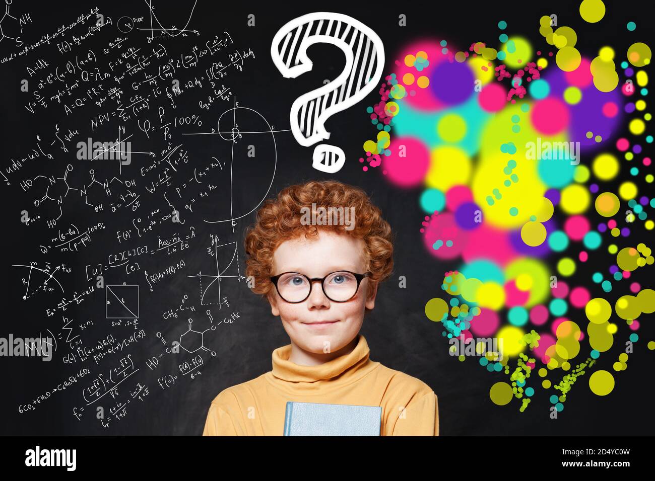 Smart kid with question marks on background Stock Photo - Alamy
