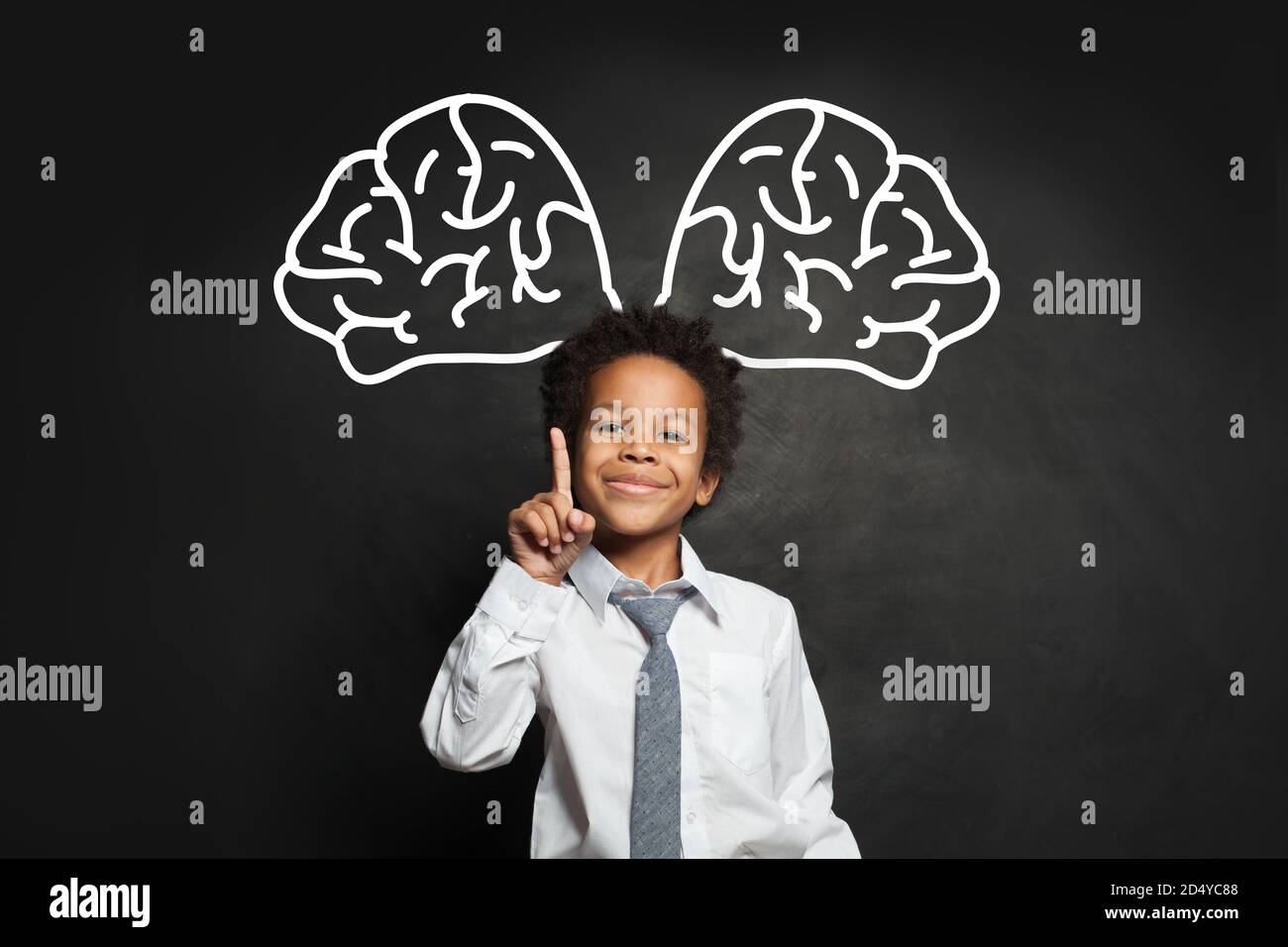 Clever black child student boy with big brain, brainstorming and idea ...